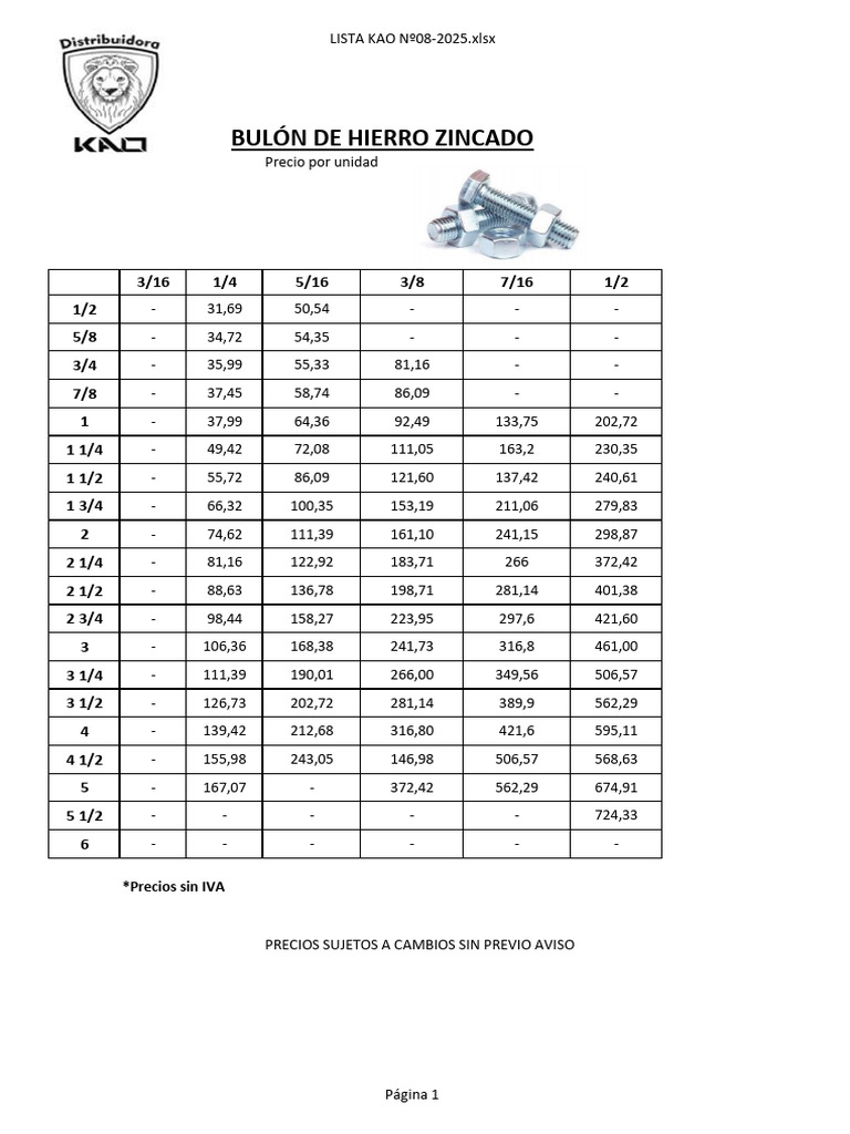 Lista de Precios de Bulones y Tornillos | PDF