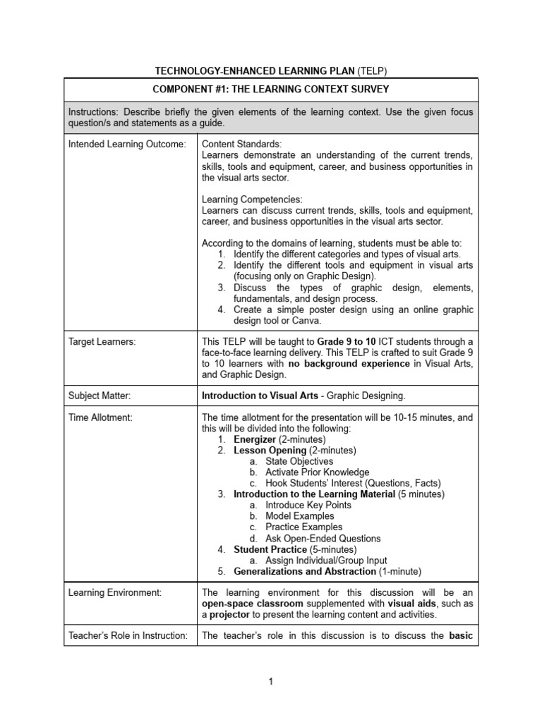 Technology Enhanced Learing Plan (Telp) Ict - Visual Arts | PDF ...