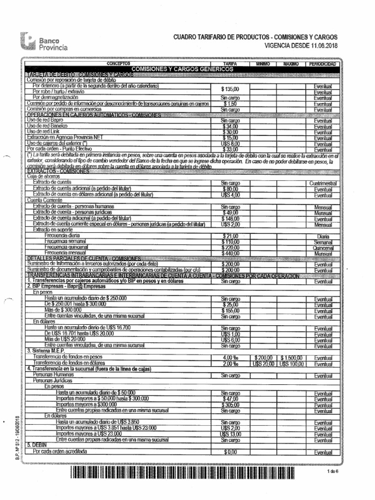 Cuadro Tarifario de Productos | PDF