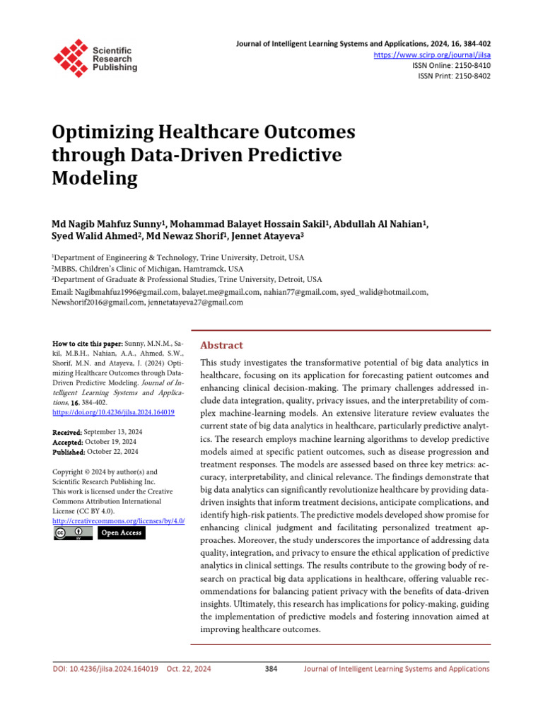 Optimizing Healthcare Outcomes through Data-Driven Predictive Modeling | PDF | Big Data | Analytics