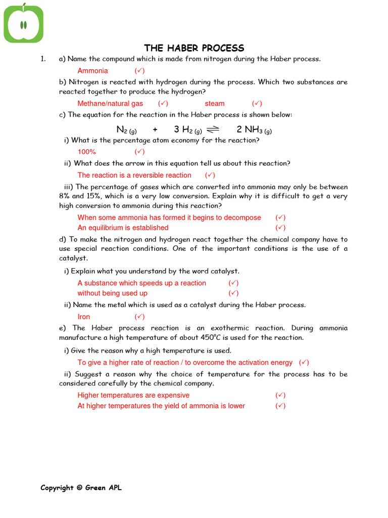 Haber Process 1 Answers | PDF | Chemical Reactions | Ammonia