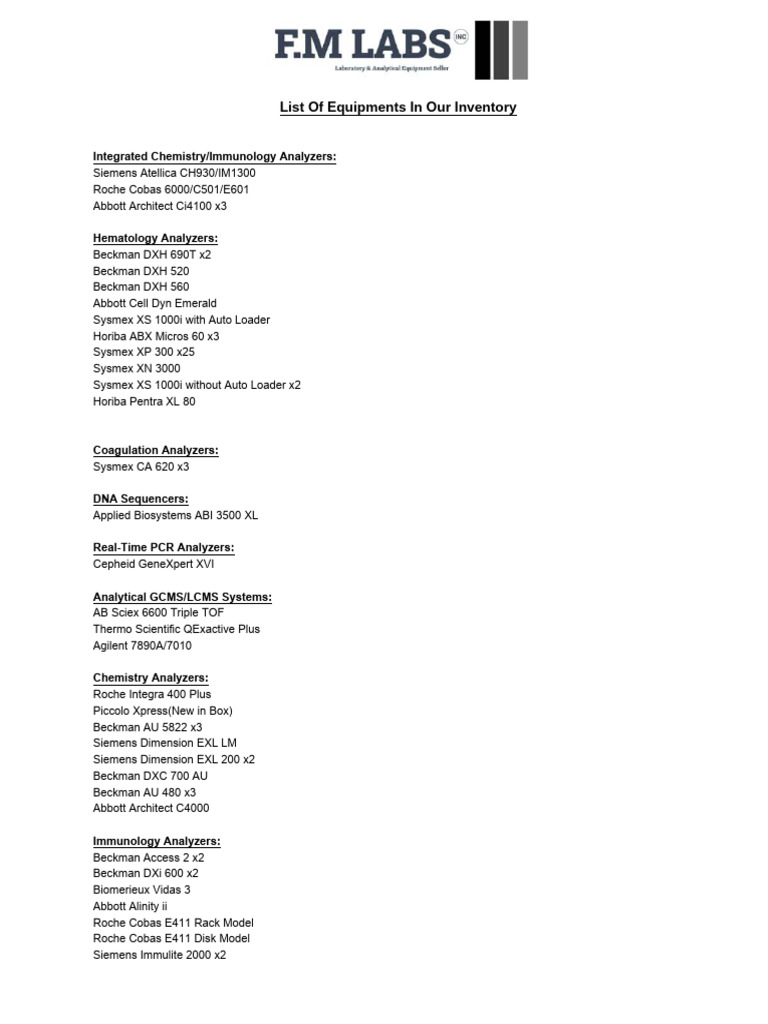 FM Labs Laboratory Equipment Inventory | PDF | Scientific Techniques | Biotechnology