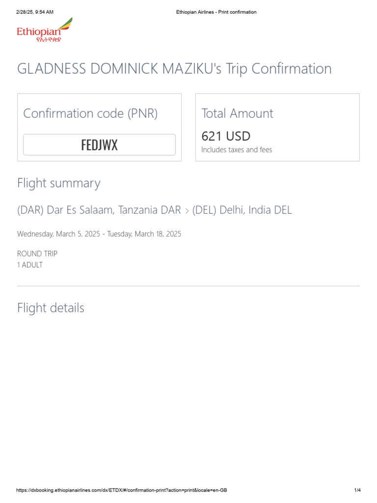 Ethiopian Airlines - Flight confirmation | PDF | Aviation Safety | Airlines