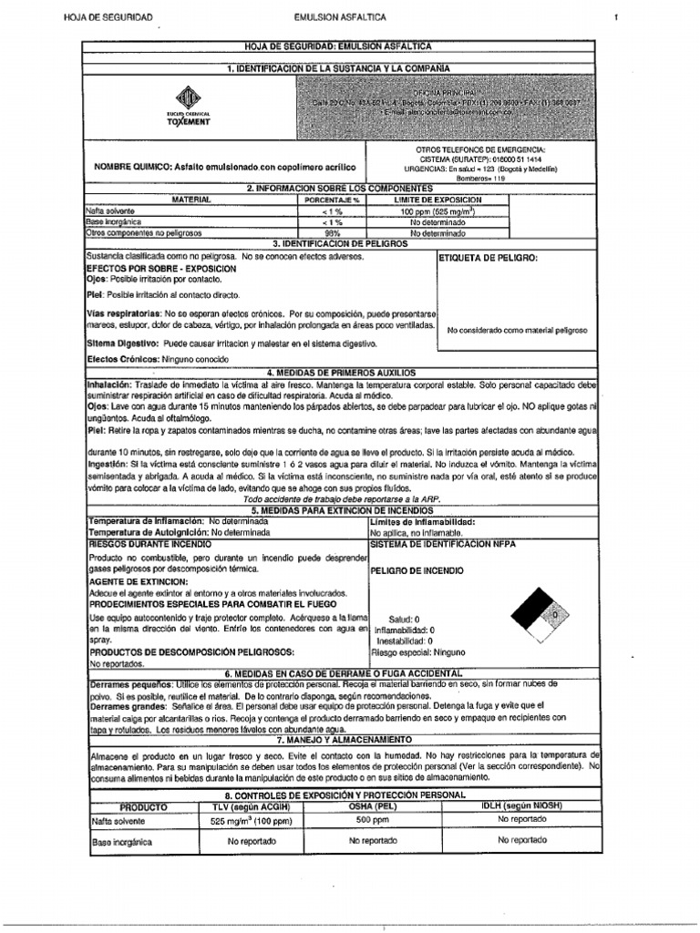 2.1 HDS EMULSION ASFALTICA (TOXEMENT) | PDF