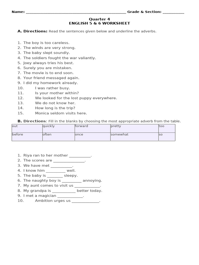 Adverb 4th Quarter Pdf