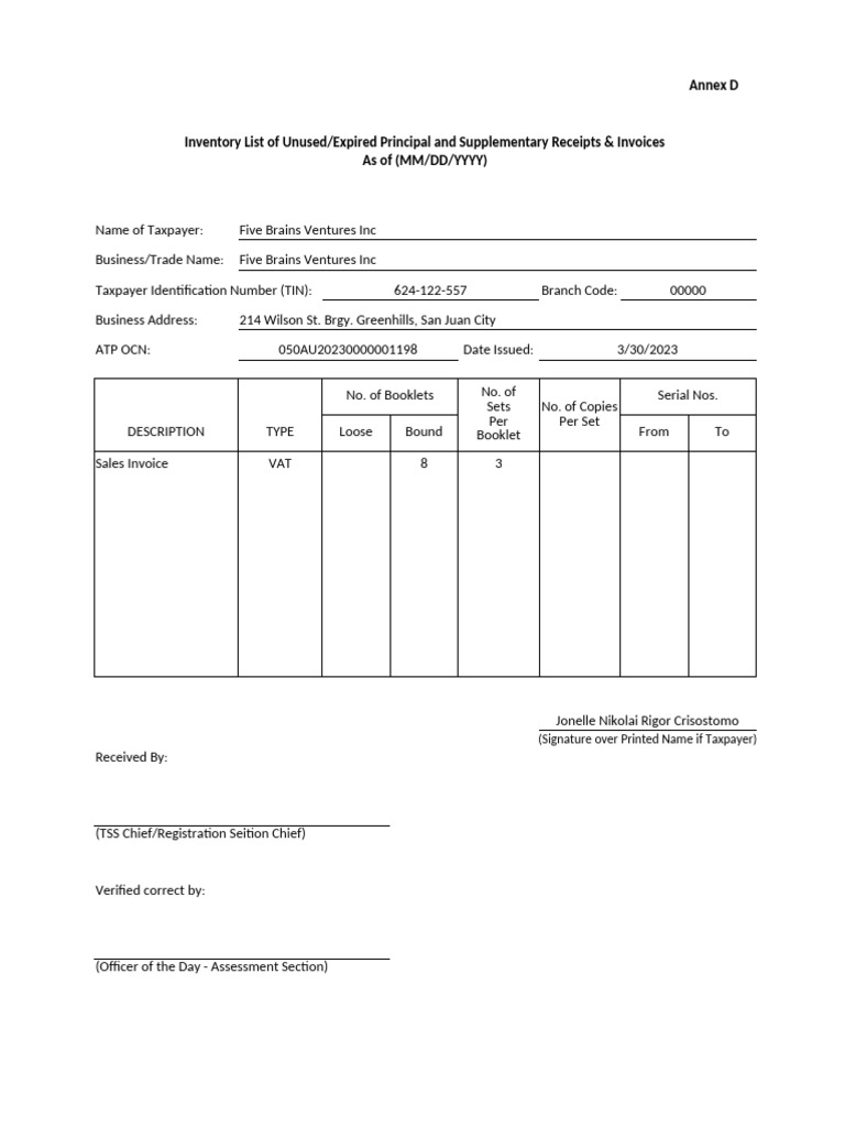 Annex D Inventory List of Unused or Expired Receipts and Invoices | PDF