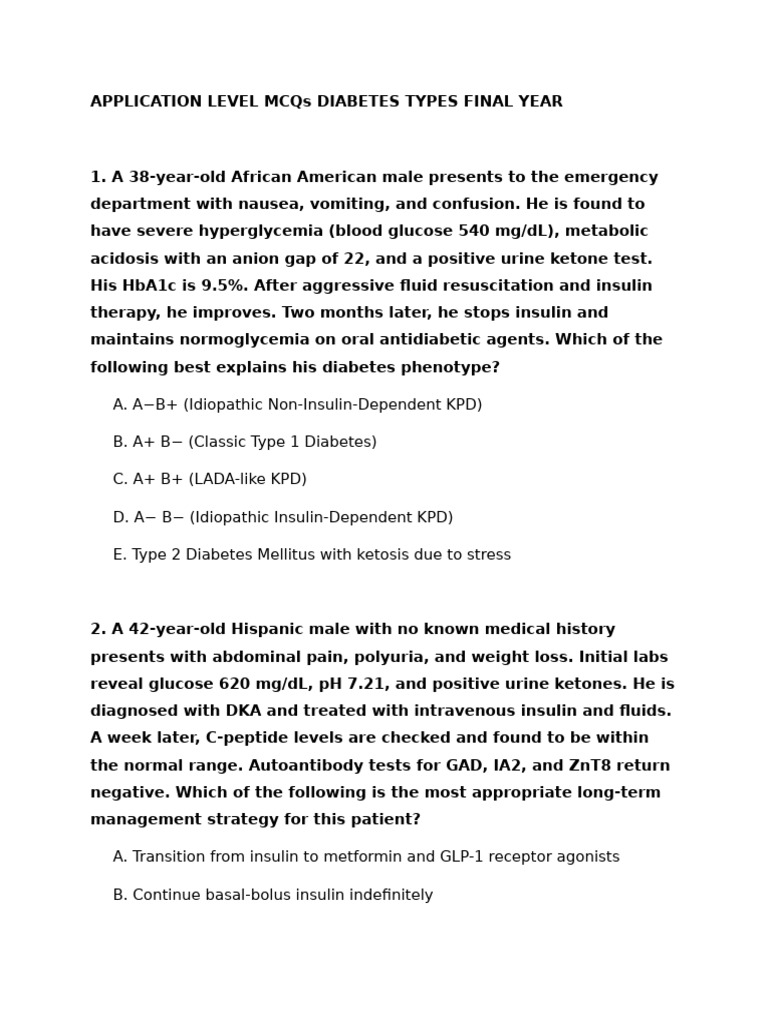 APPLICATION LEVEL MCQs DIABETES TYPES FINAL YEAR | PDF