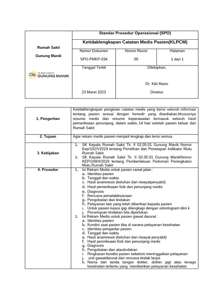 SPO Ketidaklengkapan Catatan Medis Pasien (KLPCM) 034 | PDF