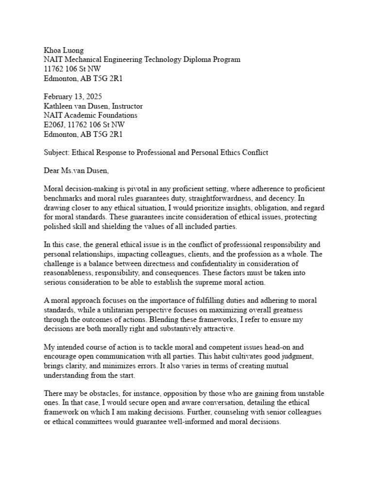 Ethics Response Letter-Individual Assignment | PDF