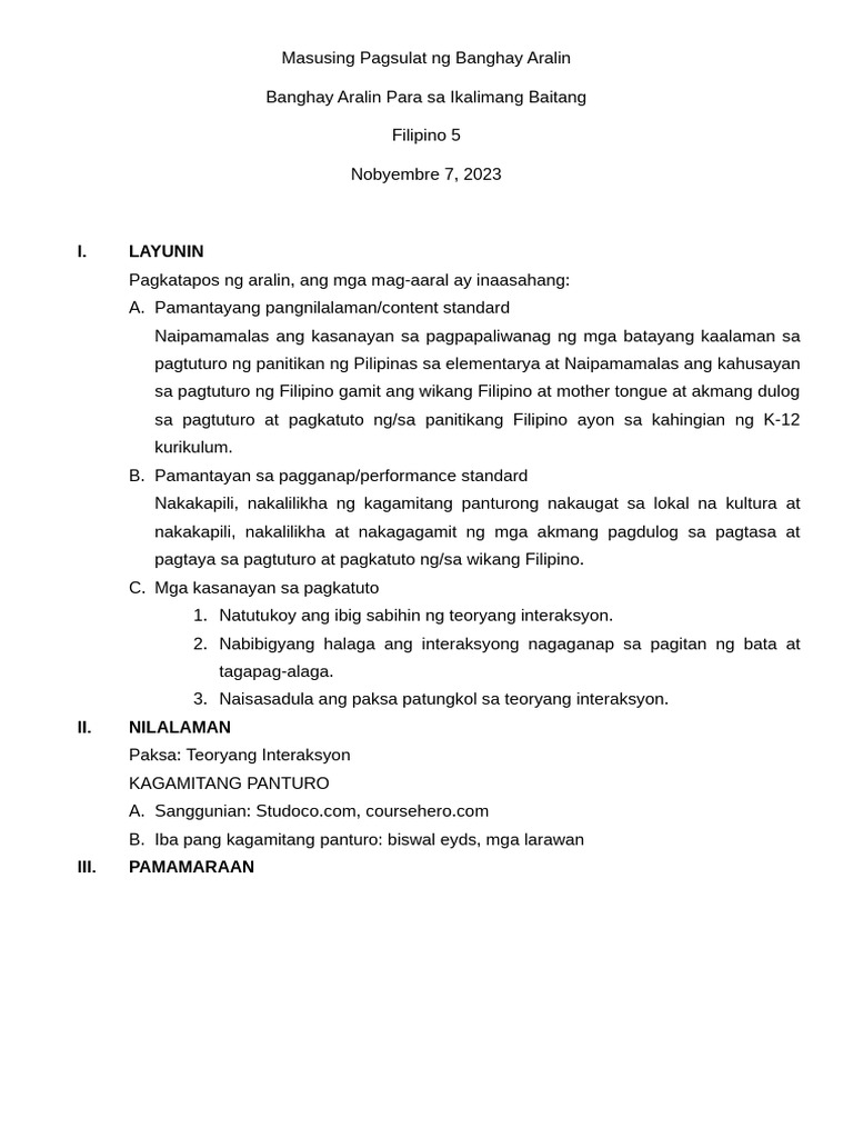 Bachiller Lesson Plan Teoryang Interaksyon | PDF