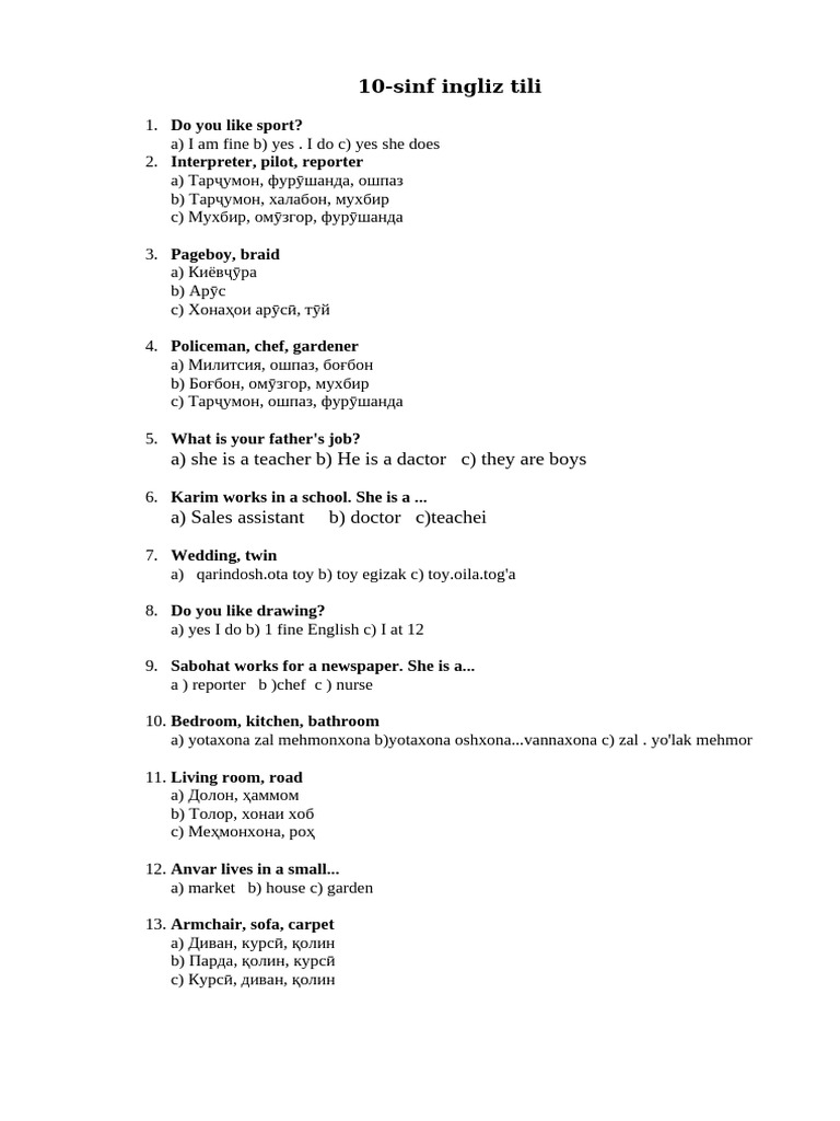 10-Sinf Ingliz Tili Test | PDF
