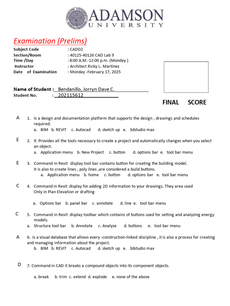 CADD2 Exam Overview and Revit Commands | PDF | Autodesk Revit ...