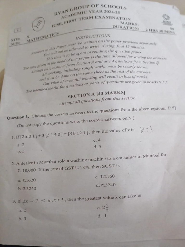 24-25 X Maths Ryan Term 1 | PDF | Factorization | Elementary Mathematics