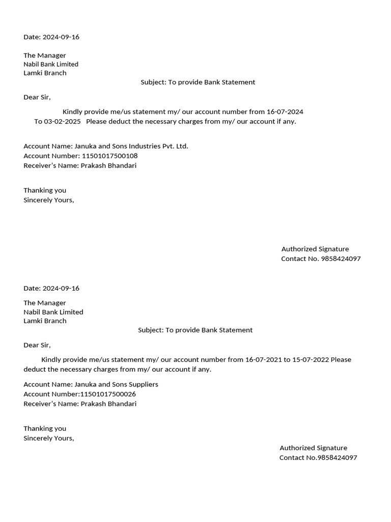 Bank Statement Request Template | PDF