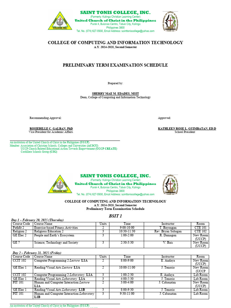 CCIT - Prelim Exam Schedule - 2nd Sem - 2024 2025 | PDF