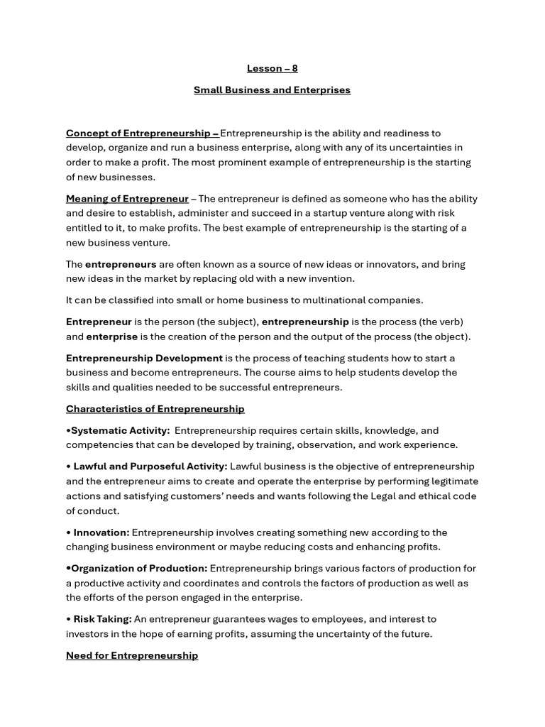 Lesson 8 Entrepreneurship | PDF | Entrepreneurship | Startup Company