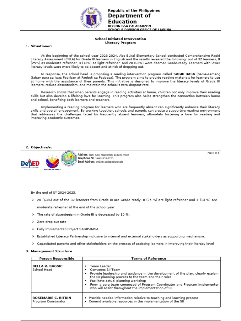 ABES_School Initiative Intervention-DMOS (1) | PDF | Literacy | Learning