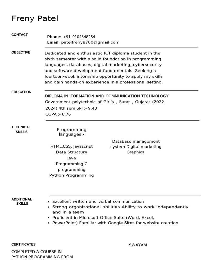 Internship Application: Freny Patel | PDF