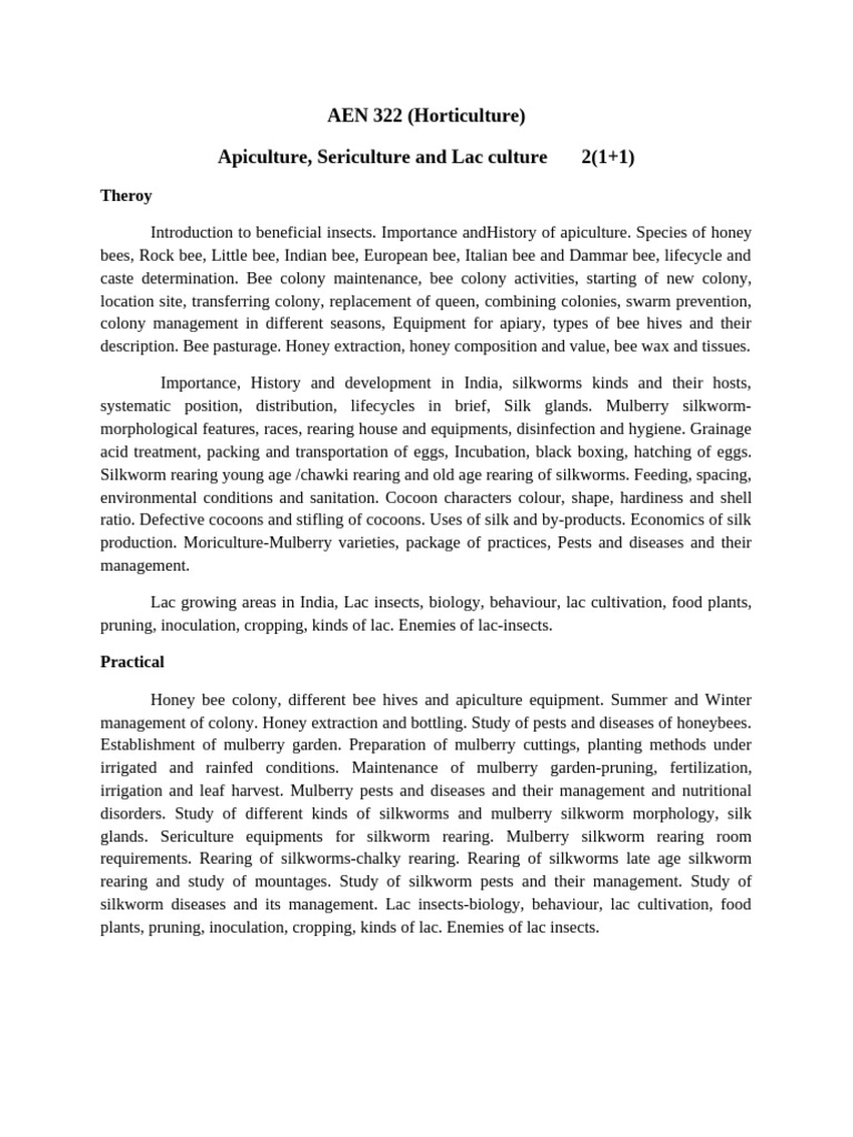 1 Outline of Apiculture, Sericulture and Lac Culture | PDF | Beekeeping | Bees
