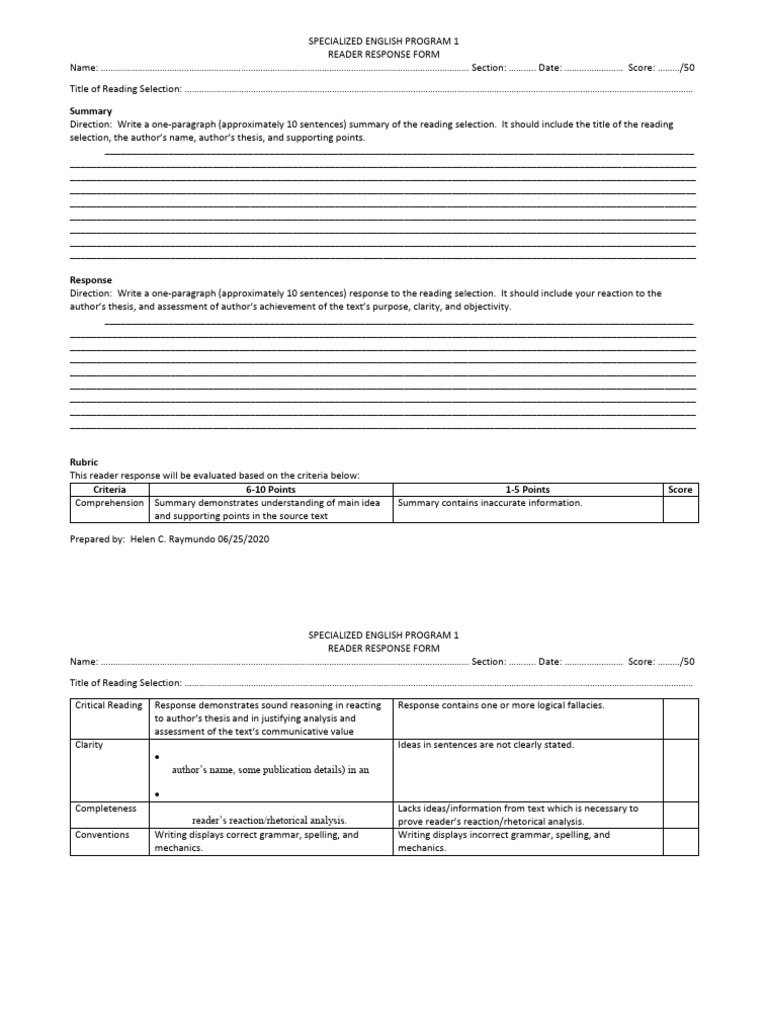 SA 2 - Reader Response Form | PDF | Cognition | Psychology