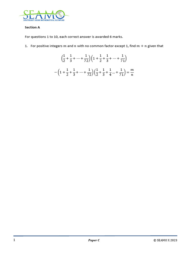SEAMO X 2023 - Paper C | PDF | Discrete Mathematics | Arithmetic