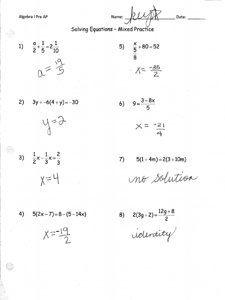 Solving Equations-Mixed Practice Key | PDF