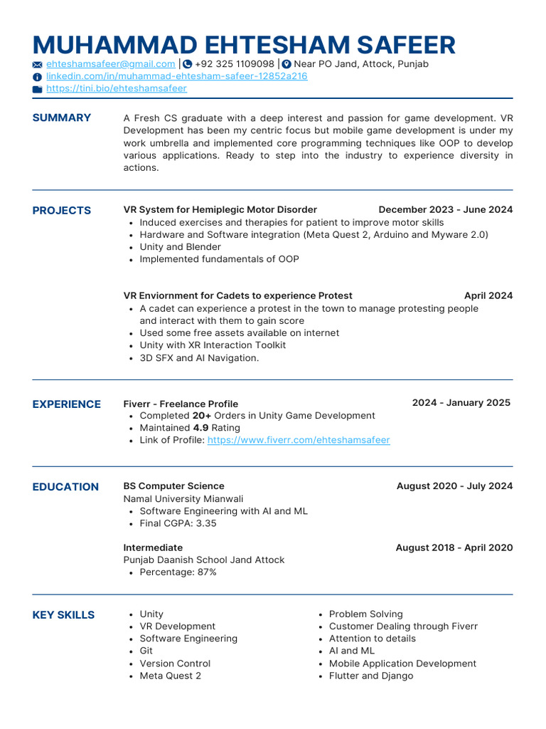 Unity VR Developer Resume | PDF | Computer Science | Computing