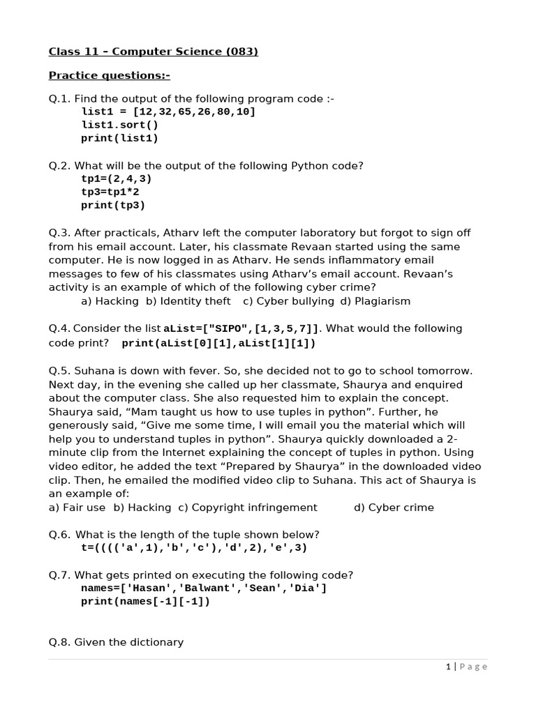 Class 11 - CS - Practice Questions | PDF | Computer Programming | Computing