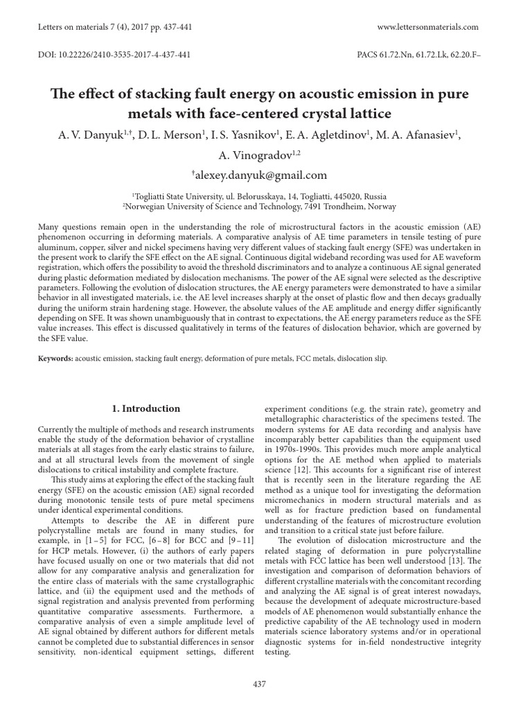 The effect of stacking fault energy on acoustic emission in pure Me | PDF | Deformation ...