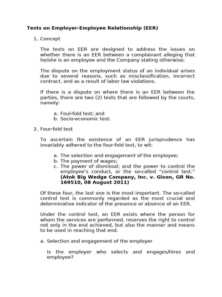 Understanding Employer-Employee Relationship Tests | PDF | Employment ...