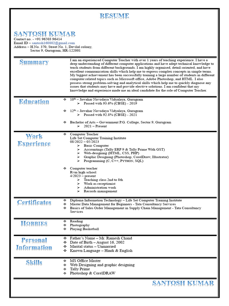 Santosh Resume Blue | PDF | Computing