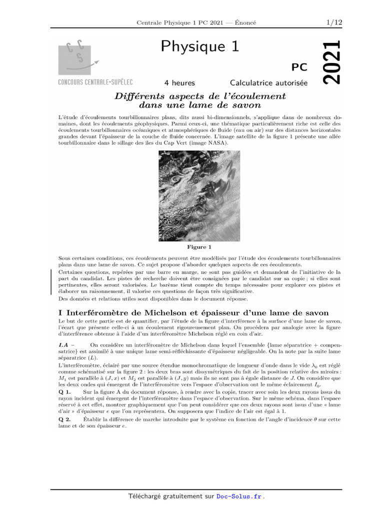 Pc Physique Centrale 1 2021.Enonce | PDF