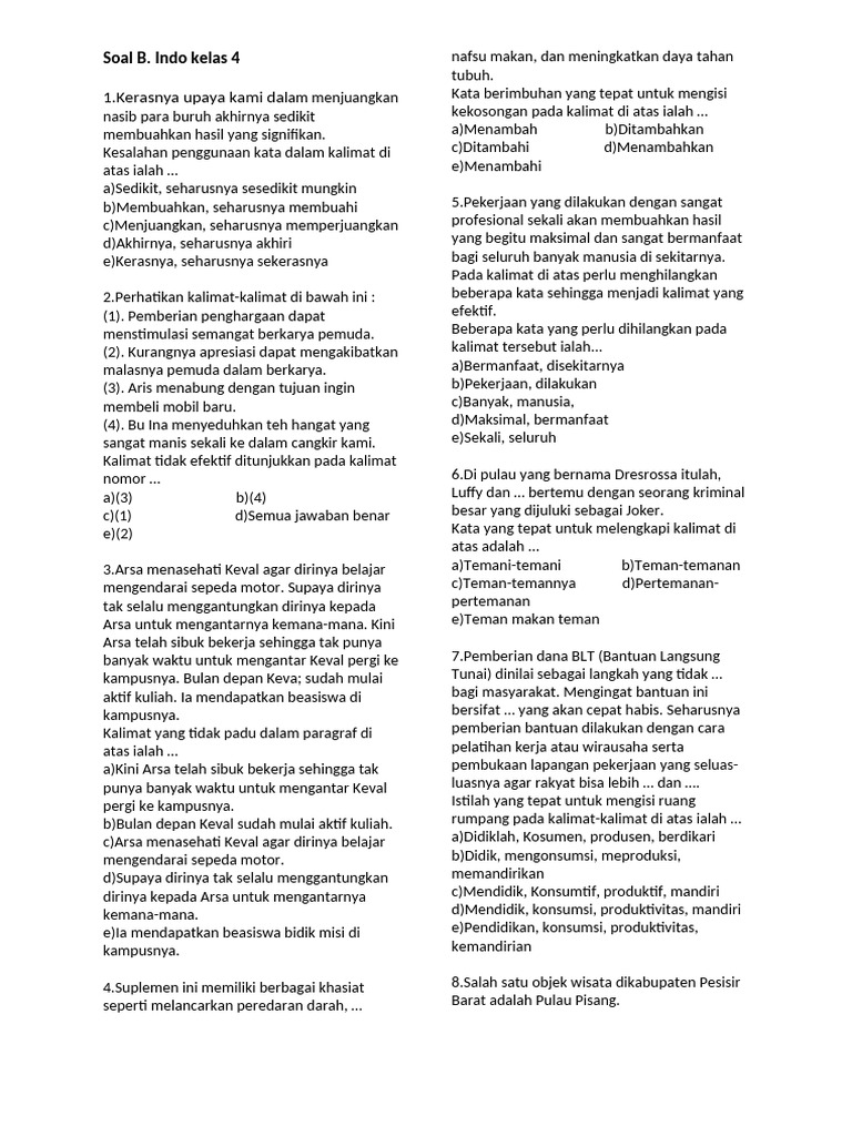 Soal B. Indo Kelas 4 | PDF