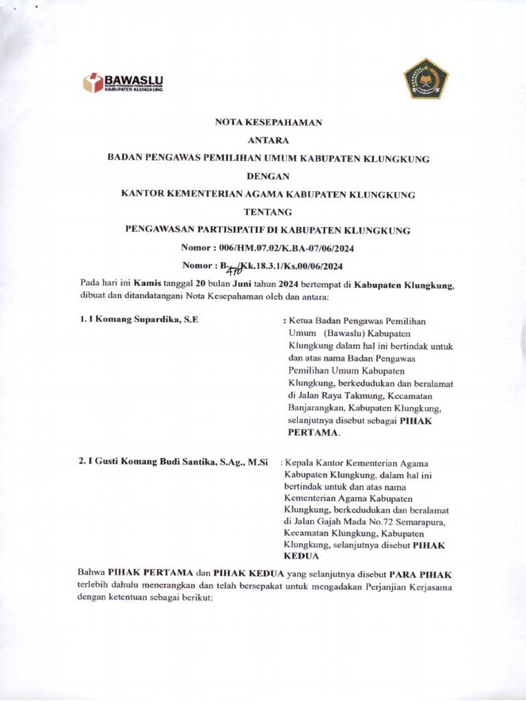 Mou Dengan Kementrian Agama Klungkung | PDF