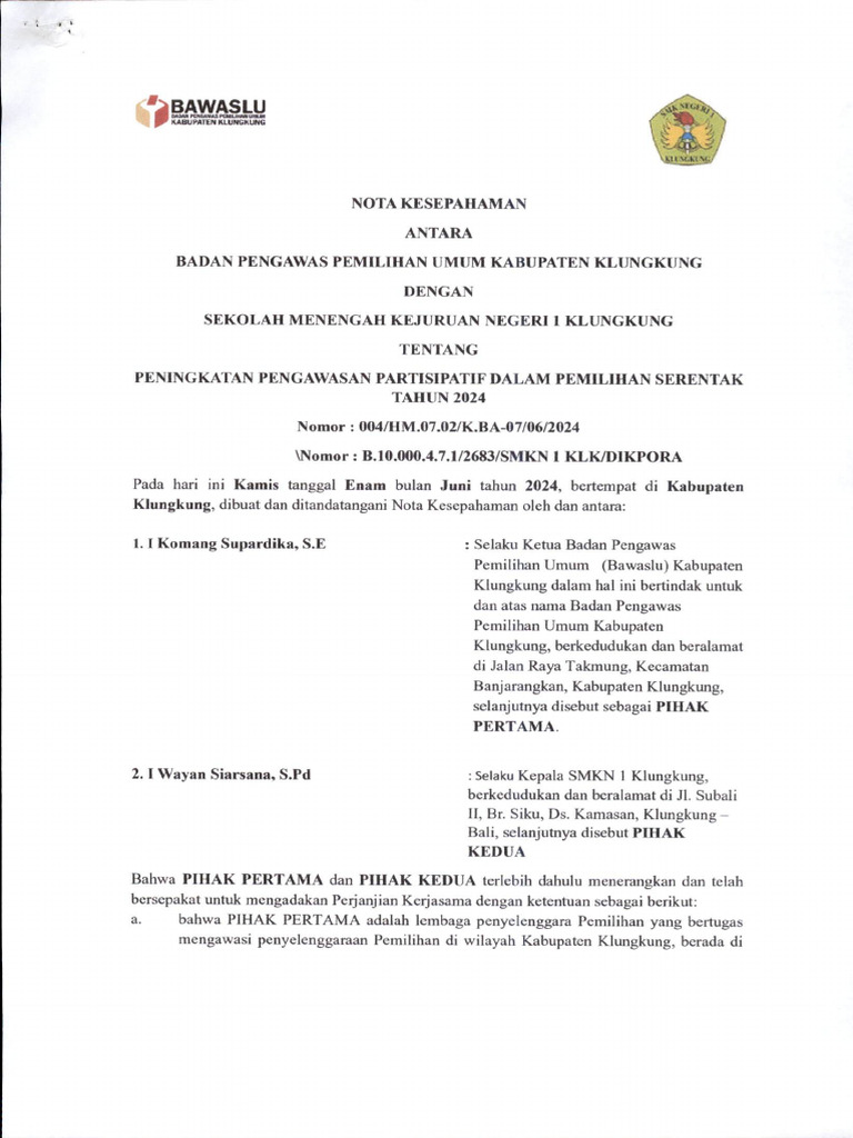 Mou Dengan SMK 1 Klunkung | PDF