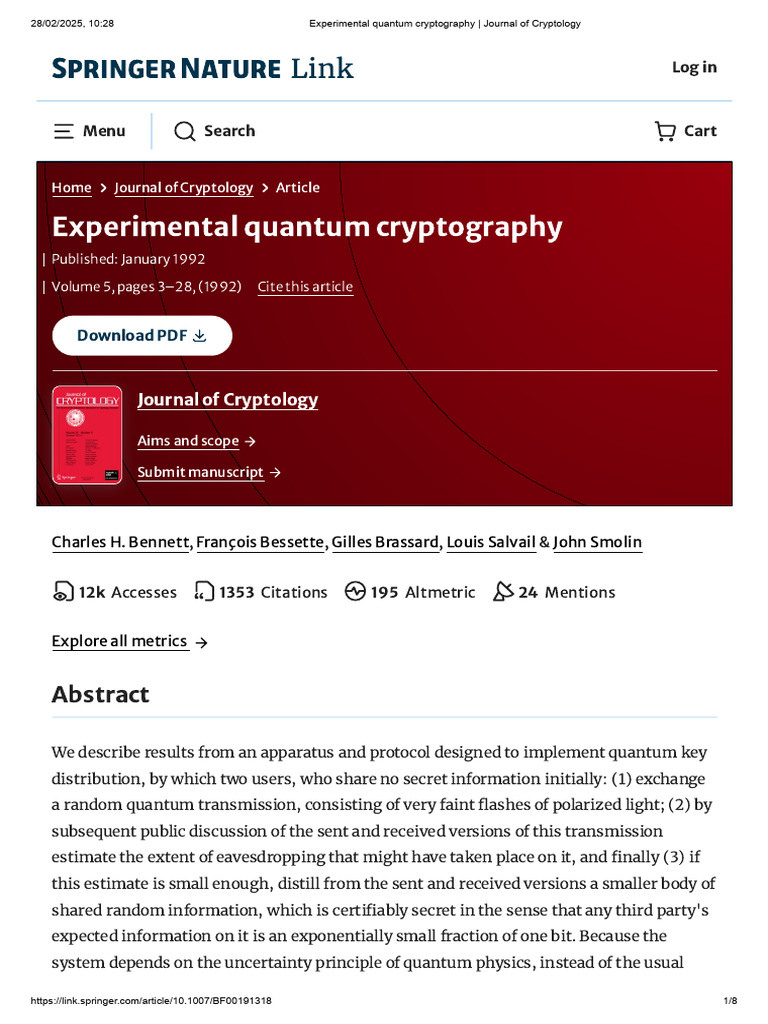 Experimental Quantum Cryptography - Journal of Cryptology | PDF ...