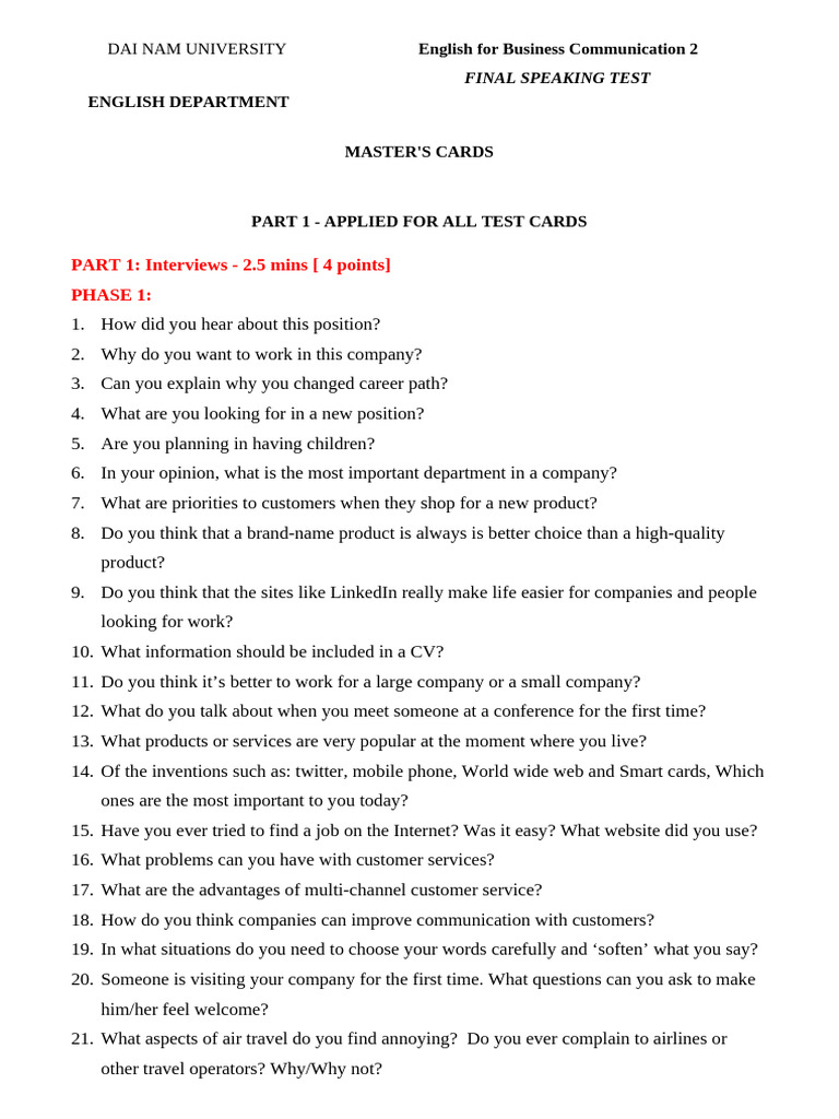 Speaking Card For Business English 2 Final 2023 | PDF | Advertising