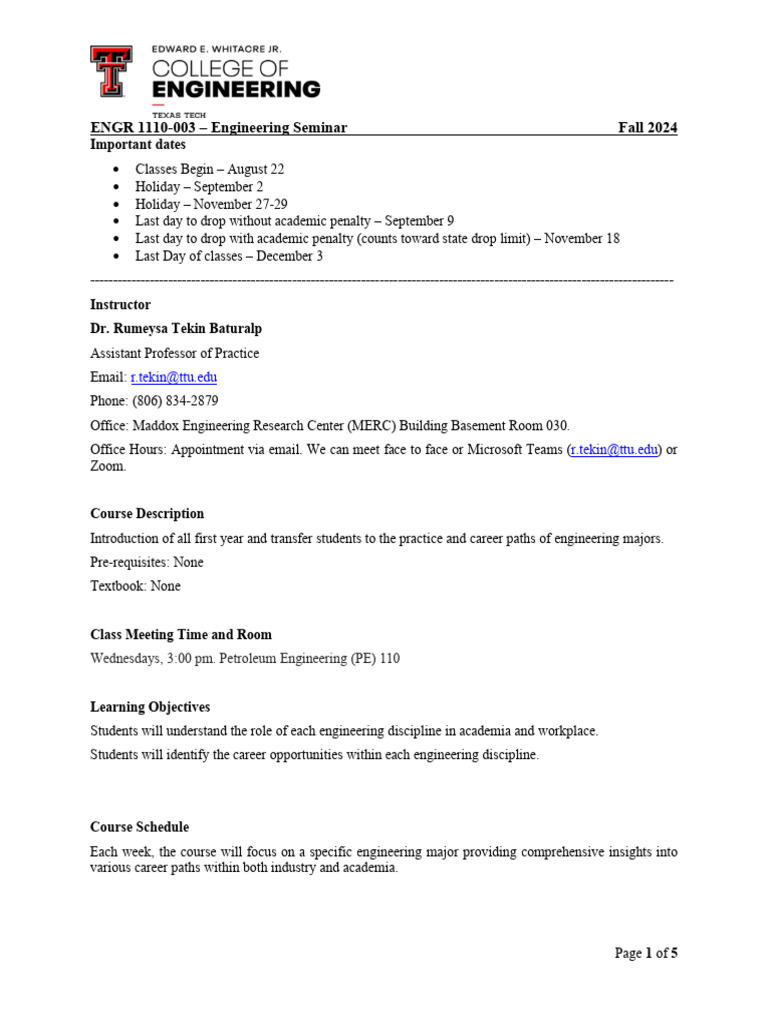 ENGR 1110 Engineering Seminar Syllabus | PDF | Academic Integrity | Plagiarism