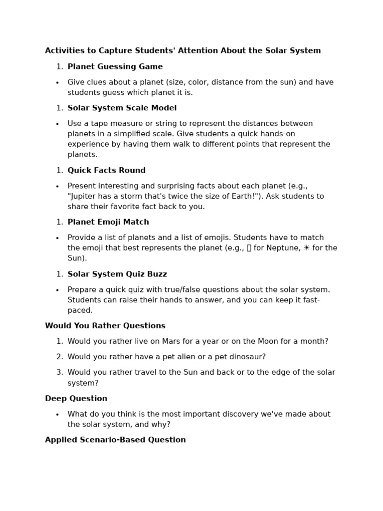 Activities To Capture Students | PDF | Planets | Solar System