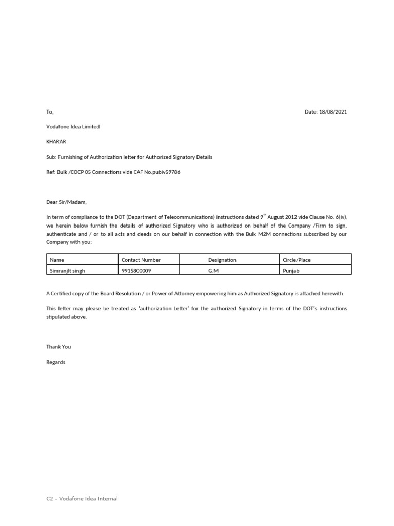 Authorization Letter - VODAFONE | PDF