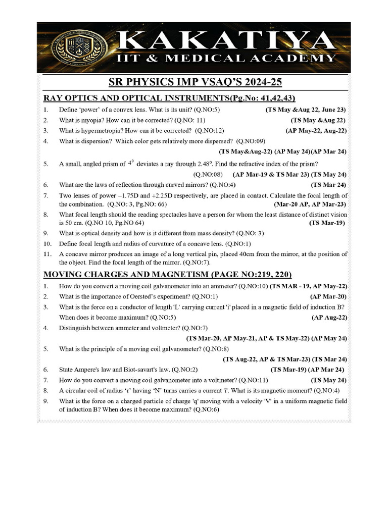 SR Physics Imp Vsaq's 2024-25 | PDF
