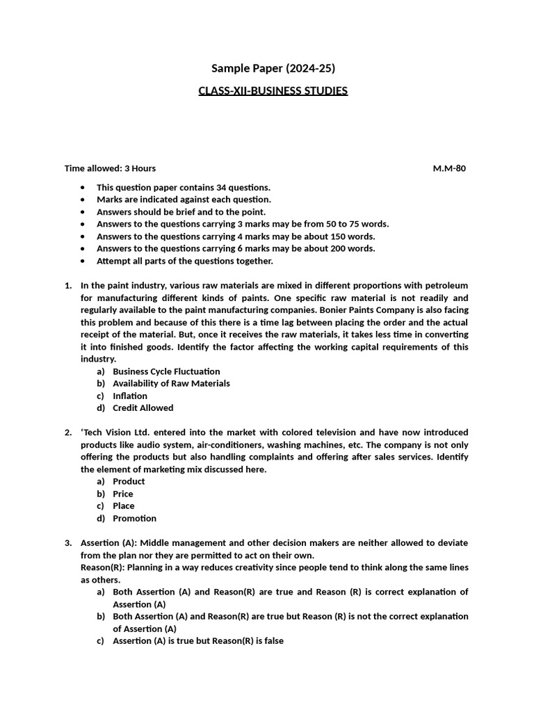 BST 12th Sample Paper CBSE 2024-25 Indian Publishers 3 | PDF ...