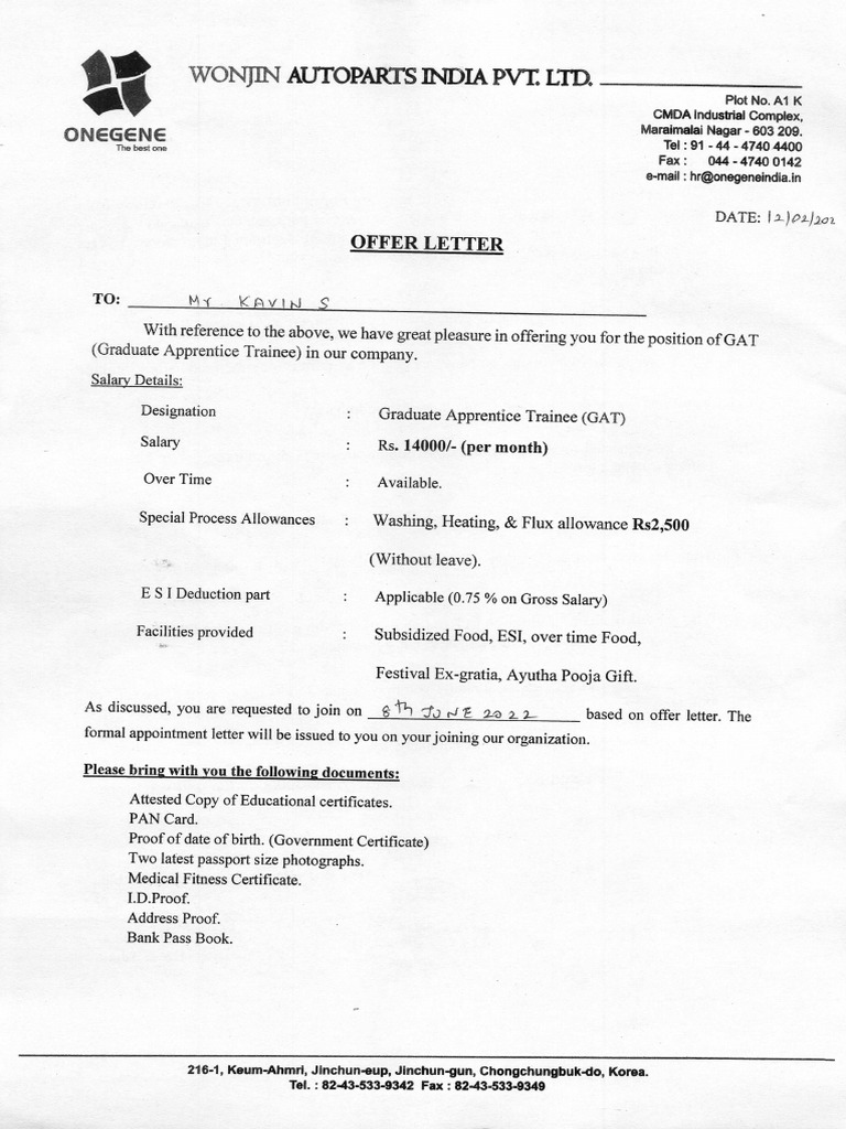 Wonjin Autoparts India PVT LTD - 07 Students Offer Letter (1) (2) - 9-10 | PDF | Government And ...
