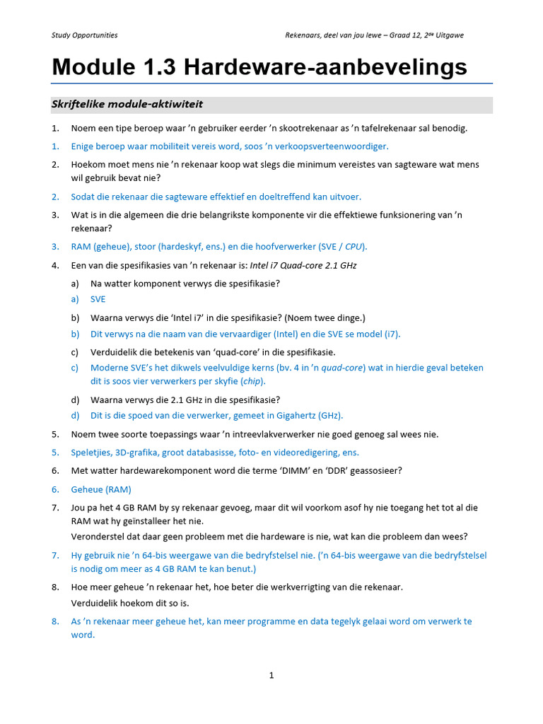1 - 3 HardewareAanbev ANTWOORDE | PDF