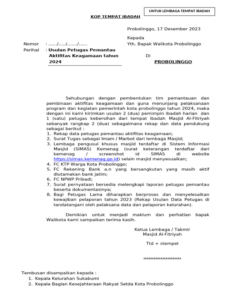 Surat Usulan Marbot Sudarno | PDF