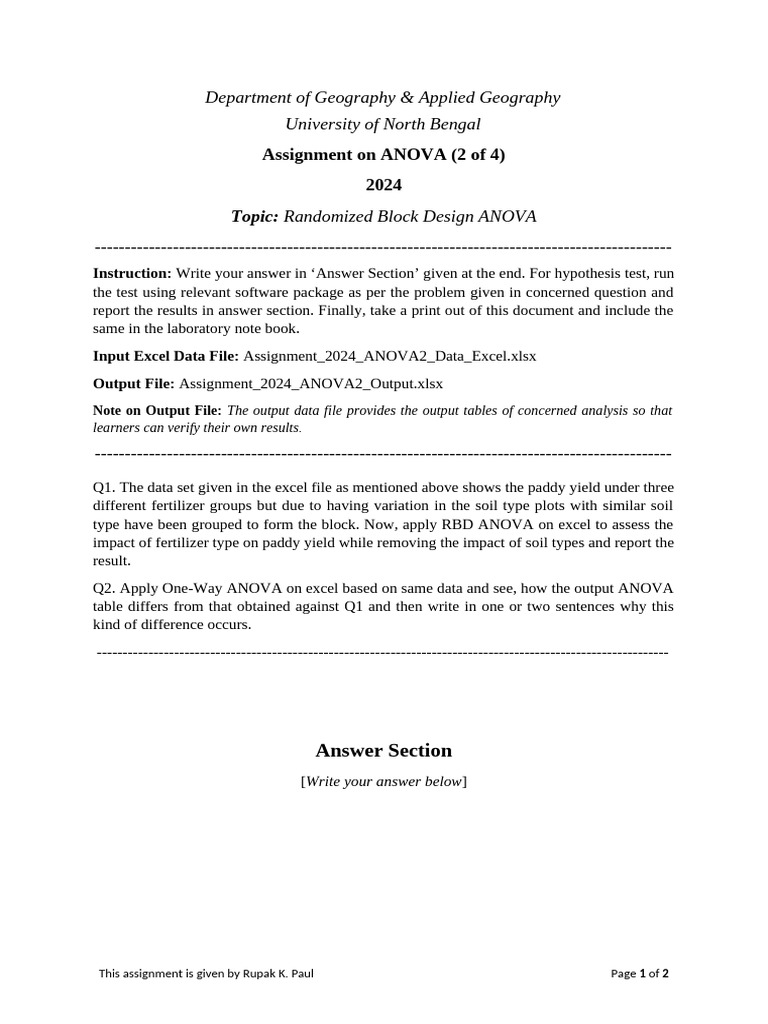 Assignment 2024 ANOVA2 RBD ANOVA Ans | PDF | Analysis Of Variance | P Value