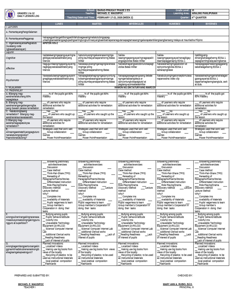 DLL - ARALING PANLIPUNAN 6 - Q4 - W2 - Reflections | PDF | Pedagogy | Cognition