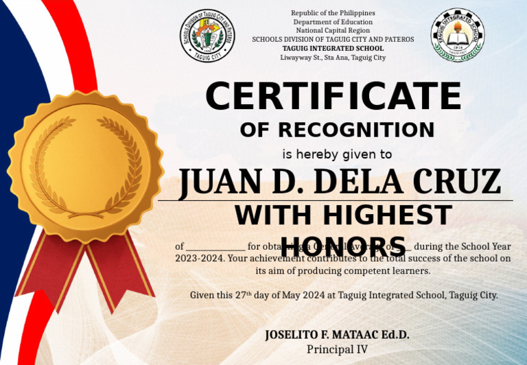 Certificates of Recognition With Highest Honors School Year 2023 2024 | PDF
