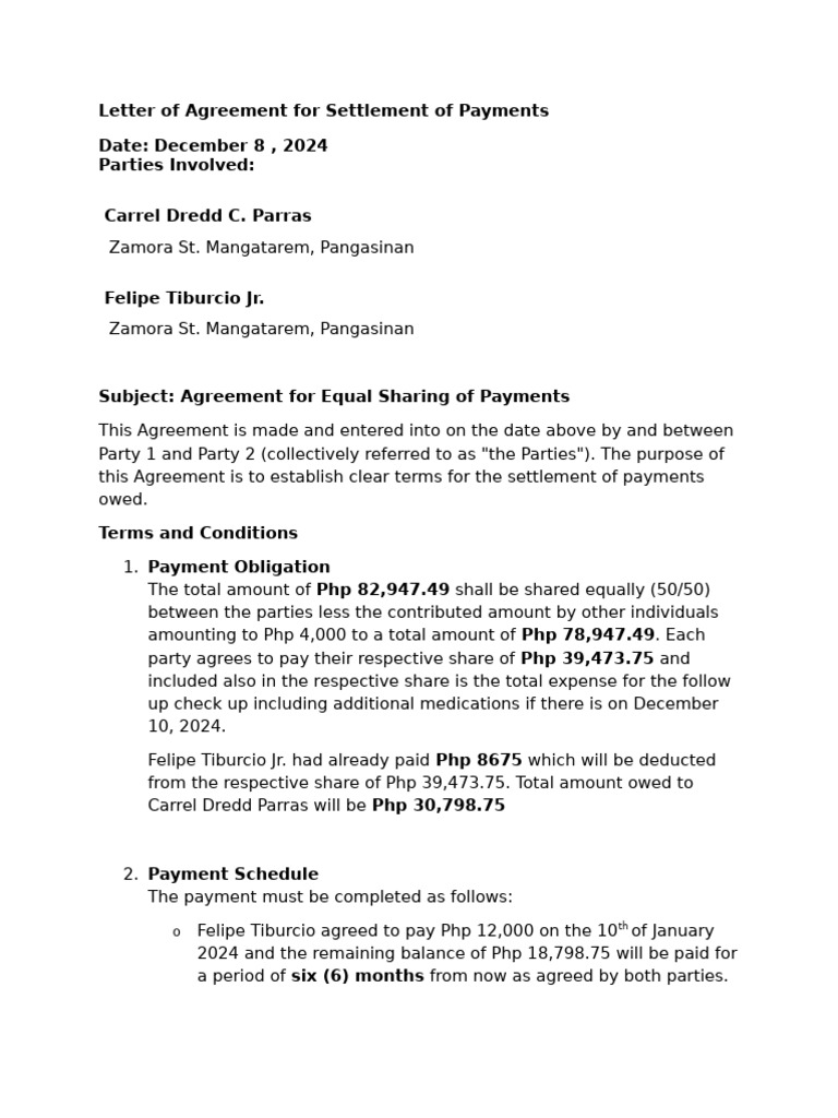 Settlement Agreement for Payment Sharing | PDF | Private Law | Business Law