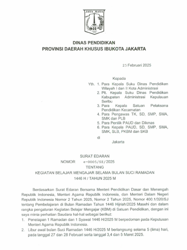 Surat Edaran Kadisdik No.e-0005 Tentang KBM Selama Bulan Suci Ramadan 1446 H Tahun 2025 M | PDF